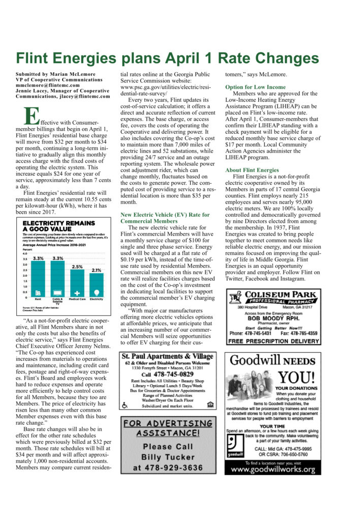 Flint Energies to Increase Rates – SeniorNewsGeorgia